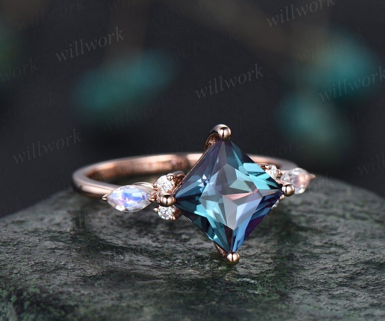Princess Cut Alexandrite Engagement Ring Set 14k Rose Gold Art - Etsy