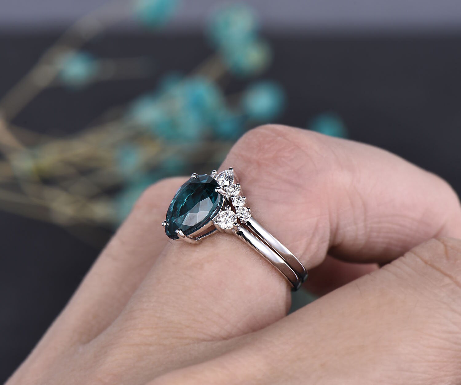 2pcs 8x10mm Pear Alexandrite Ring Set Three Stone Alexandrite ...