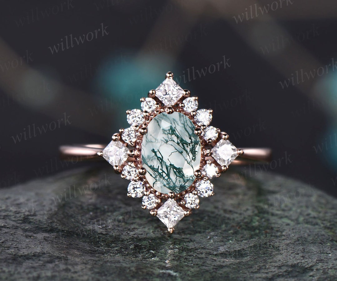 Green Moss Agate Wedding Ring Women 1ct Oval Moss Agate Engagement Ring ...