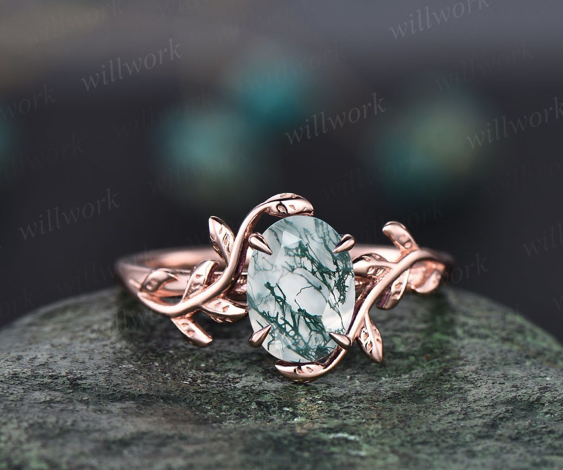 Oval Cut Green Moss Agate Ring Nature Inspired Engagement Ring Leaf ...