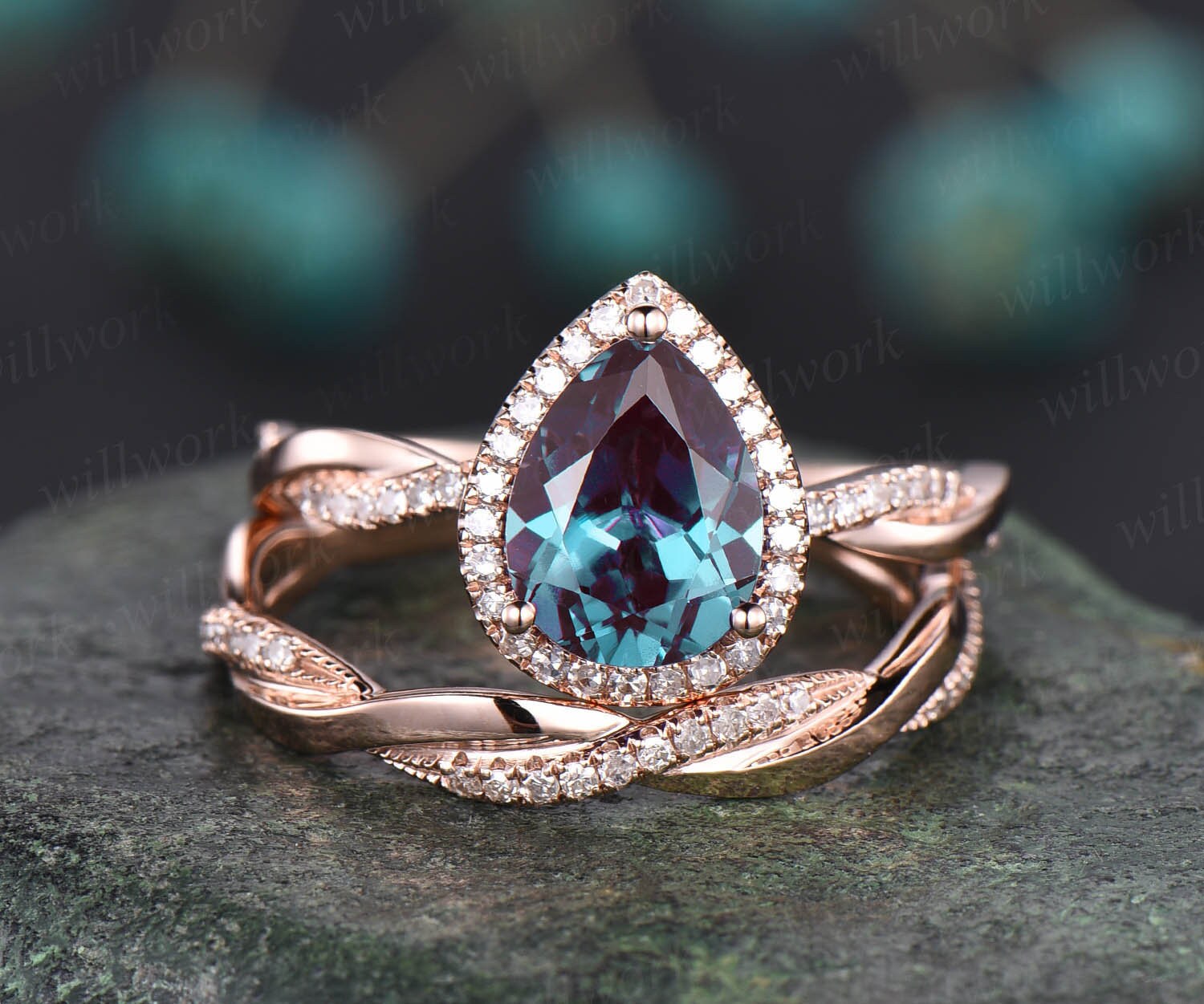 Vintage unique halo engagement ring 2pc Alexandrite engagement | Etsy