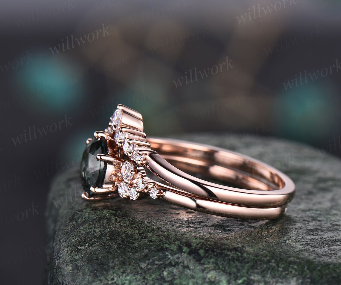 Round Moss Agate Ring Set Rose Gold Silver Vintage Moss Agate ...