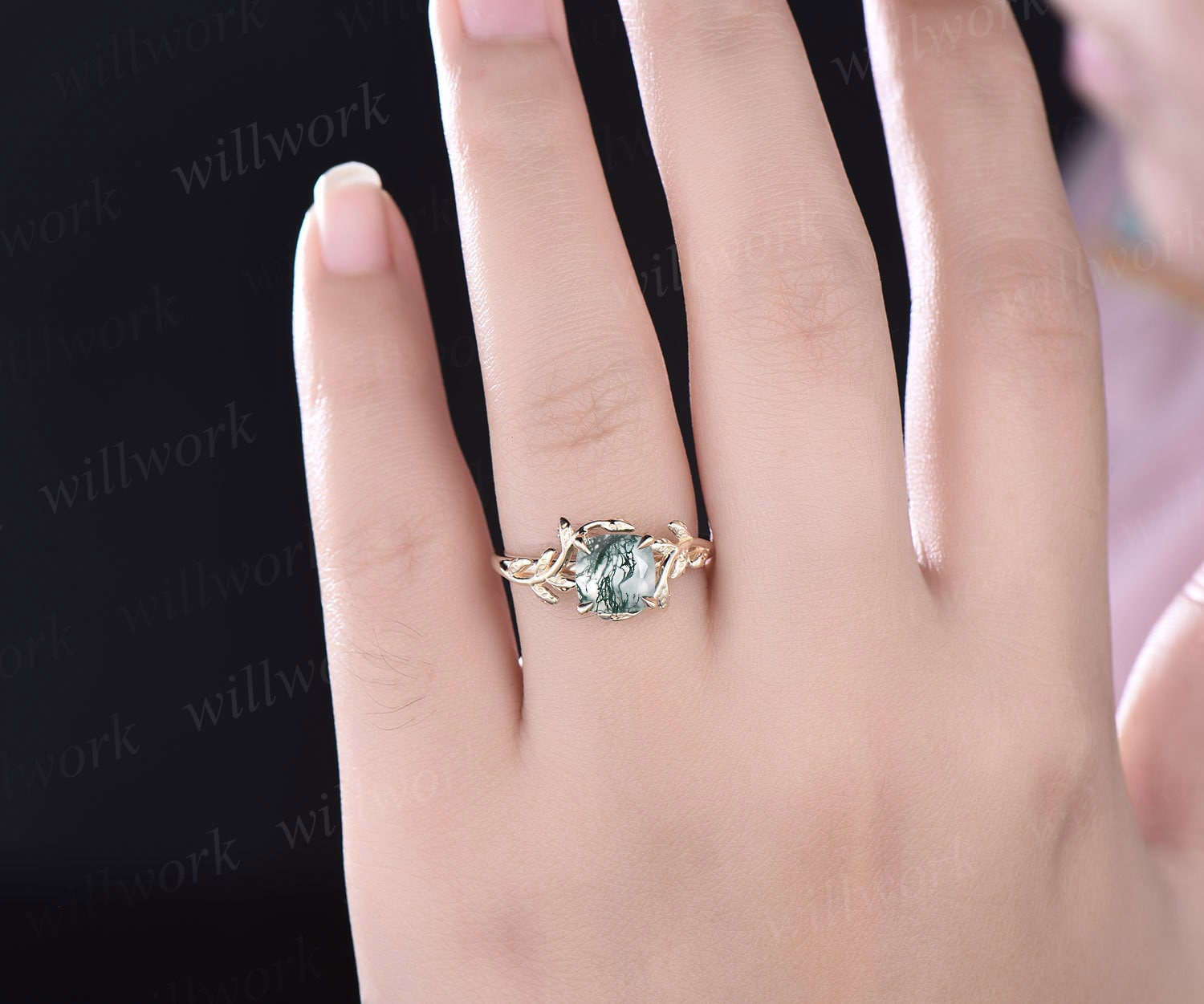 Cushion Cut Green Moss Agate Ring Vintage Unique Nature - Etsy