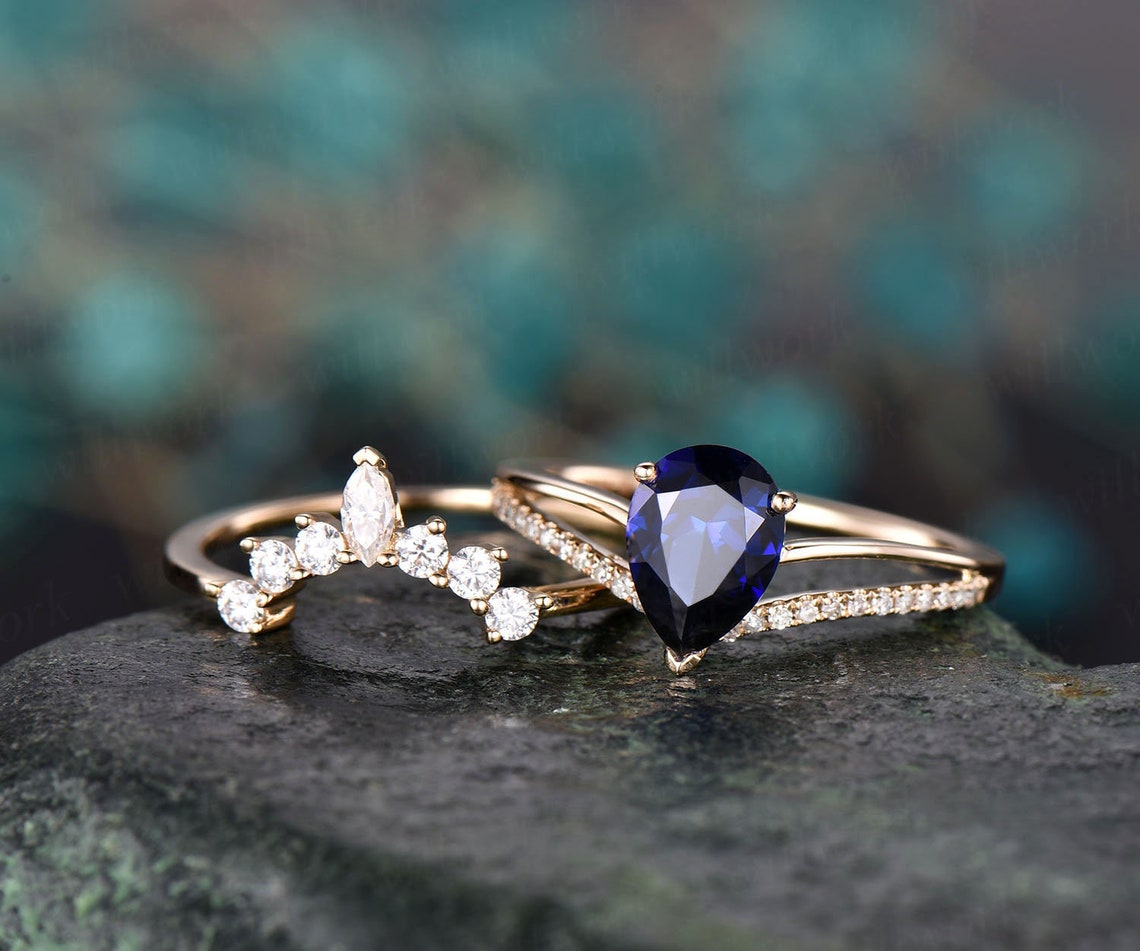 6x8mm 2pc Sapphire Bridal Set Sapphire Engagement Ring Set - Etsy