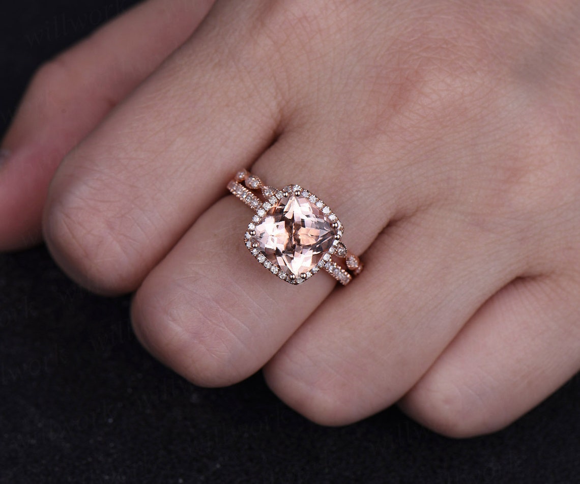9mm Cushion Cut Morganite Bridal Set Pink Morganite Engagement - Etsy
