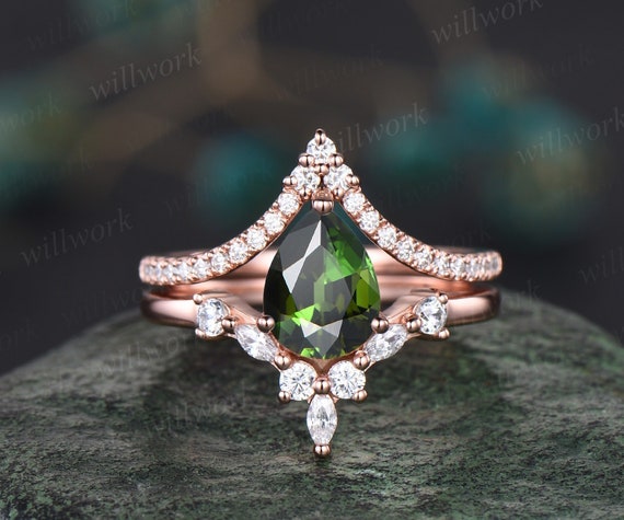 Pear Shaped Green Tourmaline Engagement Ring Set 14k Rose Gold - Etsy