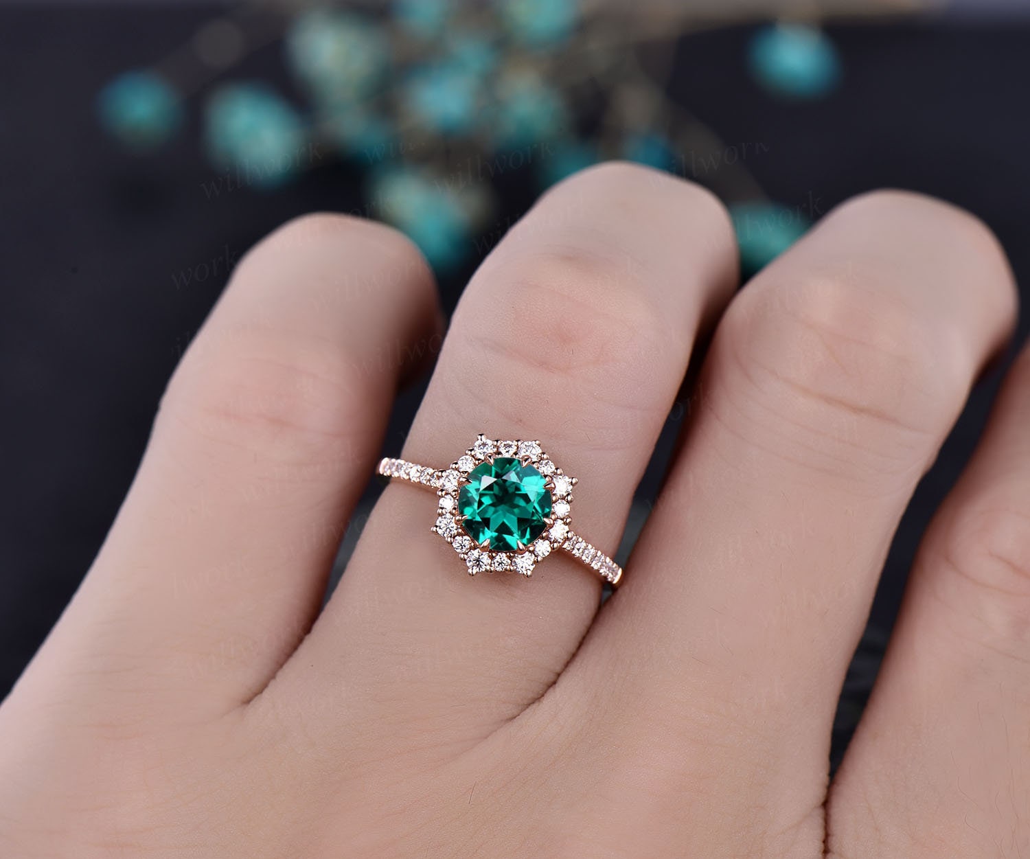 Round Emerald Engagement Ring for Women Rose Gold Ring Moissanite Halo ...