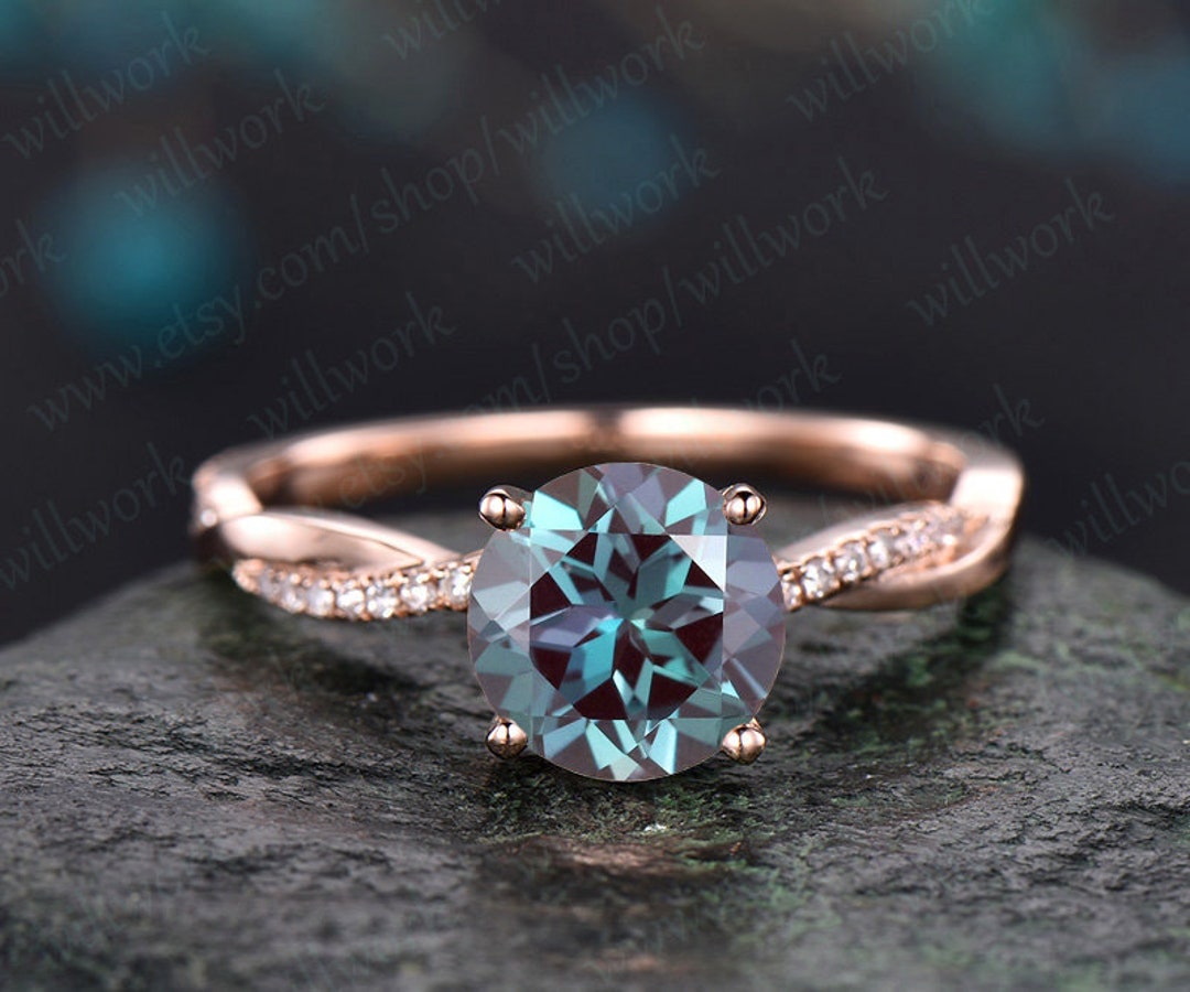 7mm Round Cut Alexandrite Engagement Ring Solid 14k Rose Gold Twisted ...
