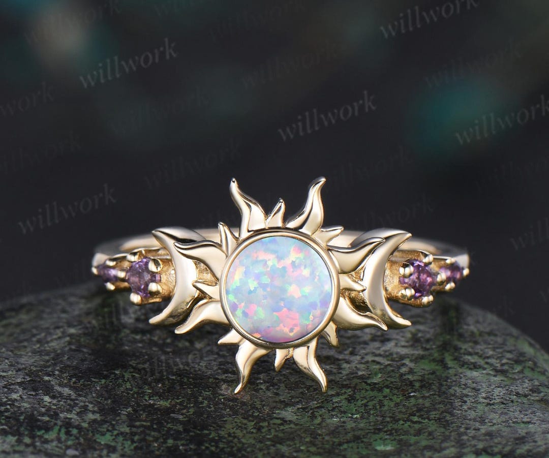 Round White Opal Moon Sun Engagement Ring Bezel Solid 14k Yellow Gold ...