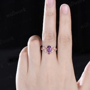 Vintage Pear Purple Amethyst Engagement Ring Rose Gold Twig Leaf Floral ...