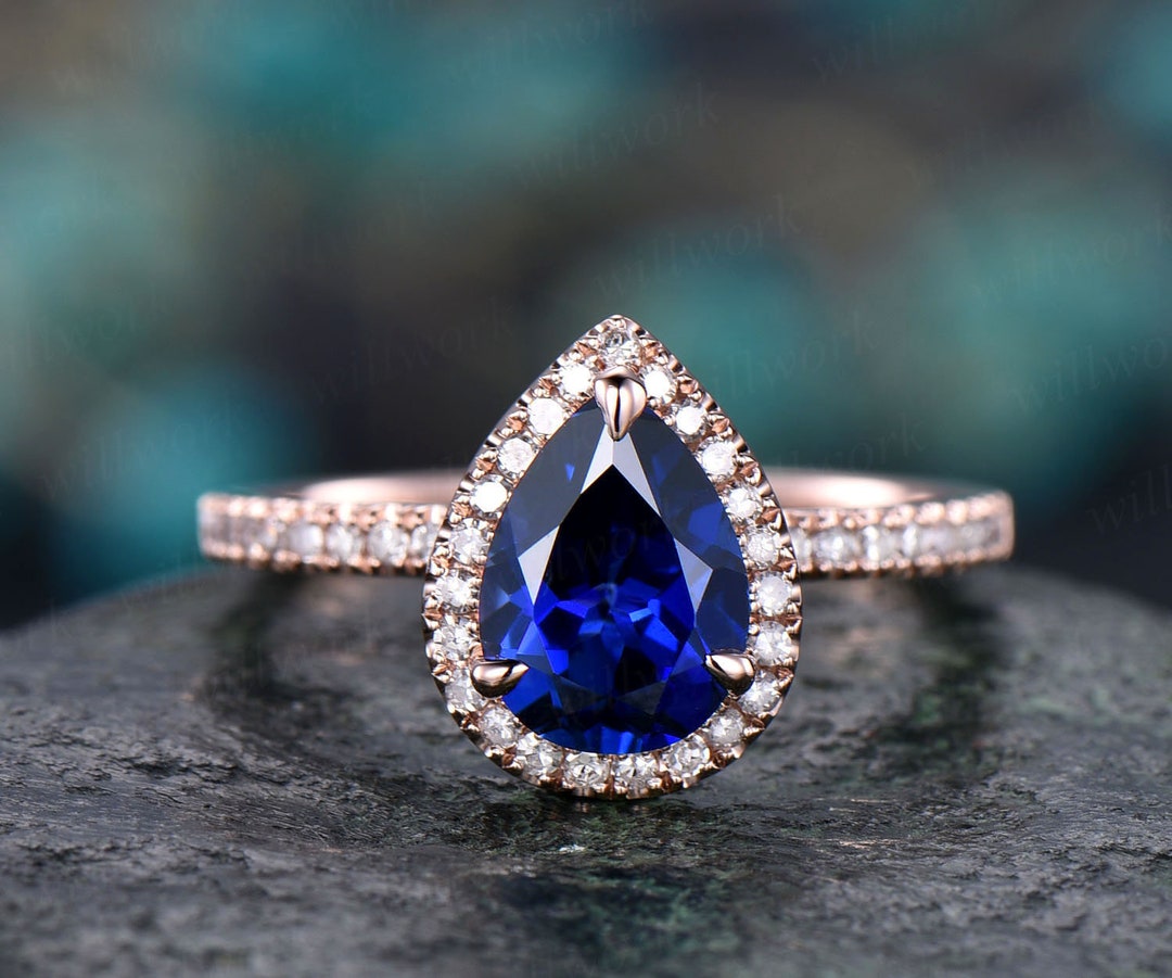 6x8mm Sapphire Engagement Ring 14k Rose Gold Real Diamond Halo Ring Lab ...