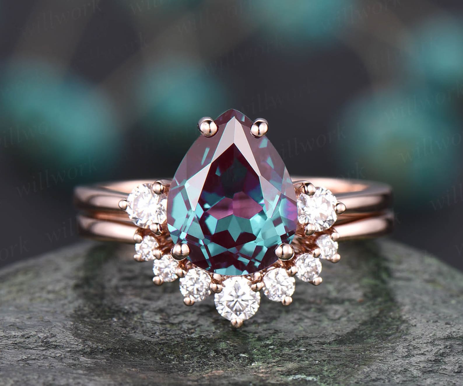 2pcs 8x10mm Pear Alexandrite Ring Set Three Stone Alexandrite - Etsy