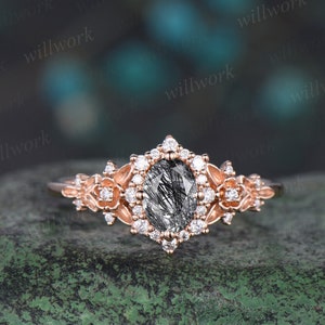 Oval Cut Black Rutilated Quartz Engagement Ring Rose Gold Snowdrift ...