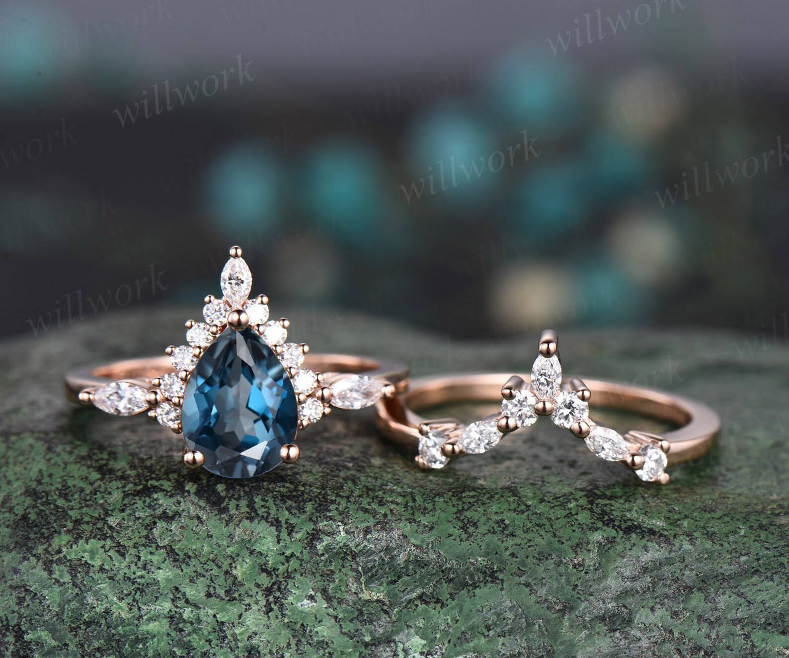 Pear Shaped London Blue Topaz Ring Halo Marquise Unique Engagement Ring ...
