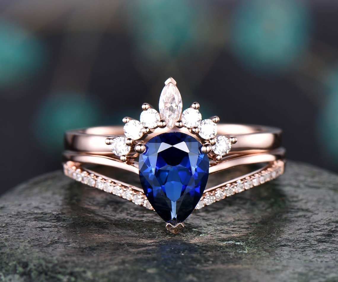 6x8mm 2pc Sapphire Bridal Set Sapphire Engagement Ring Set - Etsy