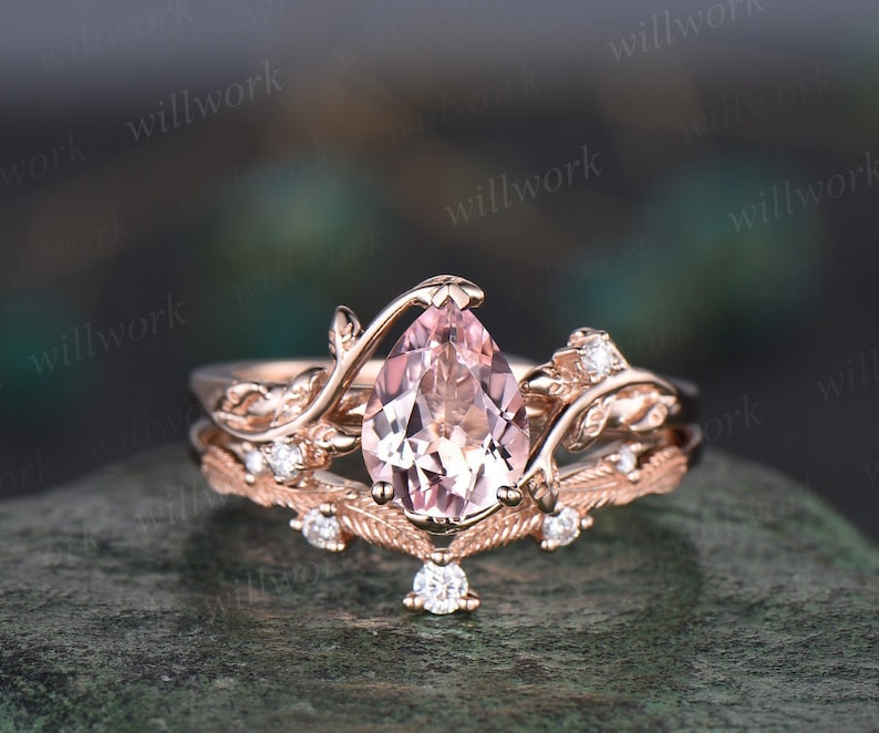 Pear Shaped Natural Pink Morganite Ring Rose Gold Leaf Nature Inspired ...