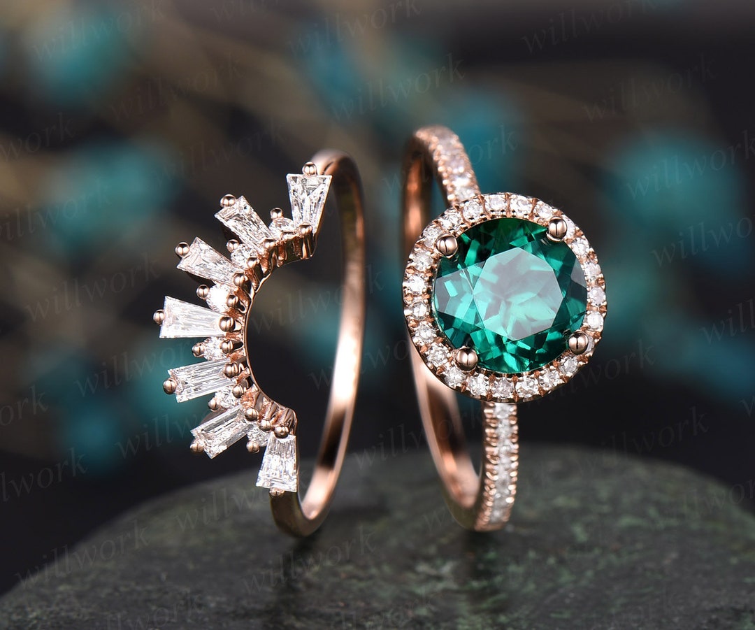 Green Emerald Engagement Ring Set Rose Gold Real Diamond Ring Matching ...