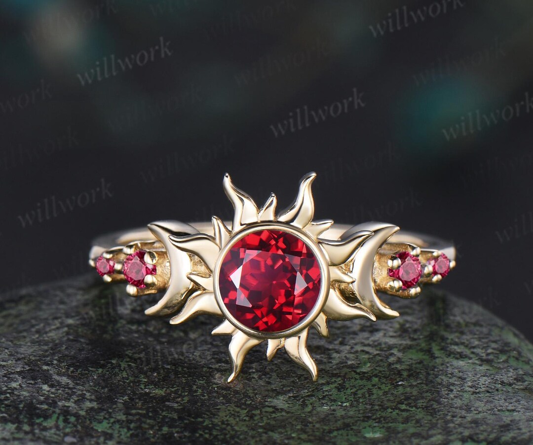 Vintage Round Cut Red Ruby Sun Engagement Ring Bezel Halo Solid 14k ...