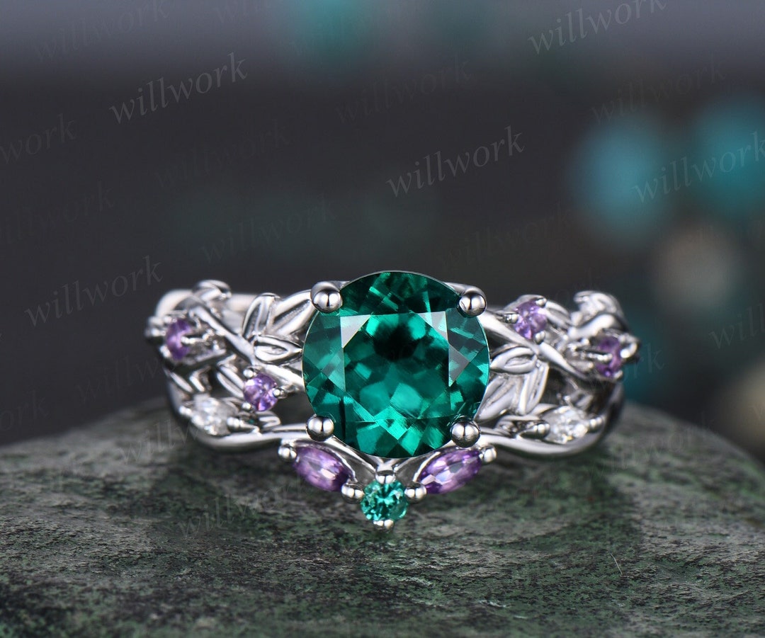2ct Twig Round Green Emerald Engagement Ring Set 14k White Gold Five ...