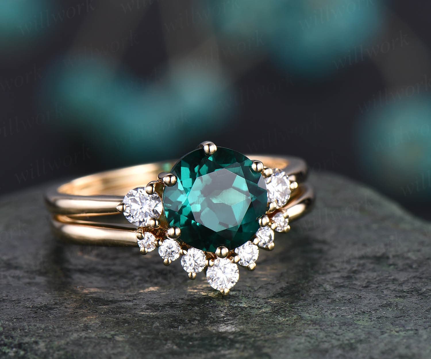 2pcs Round Emerald Engagement Ring Set Emerald Rings for Women - Etsy