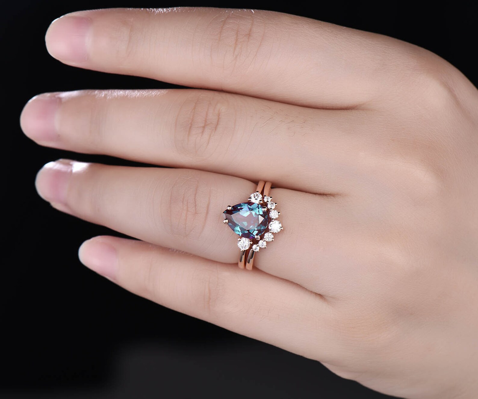 2pcs 8x10mm Pear Alexandrite Ring Set Three Stone Alexandrite ...