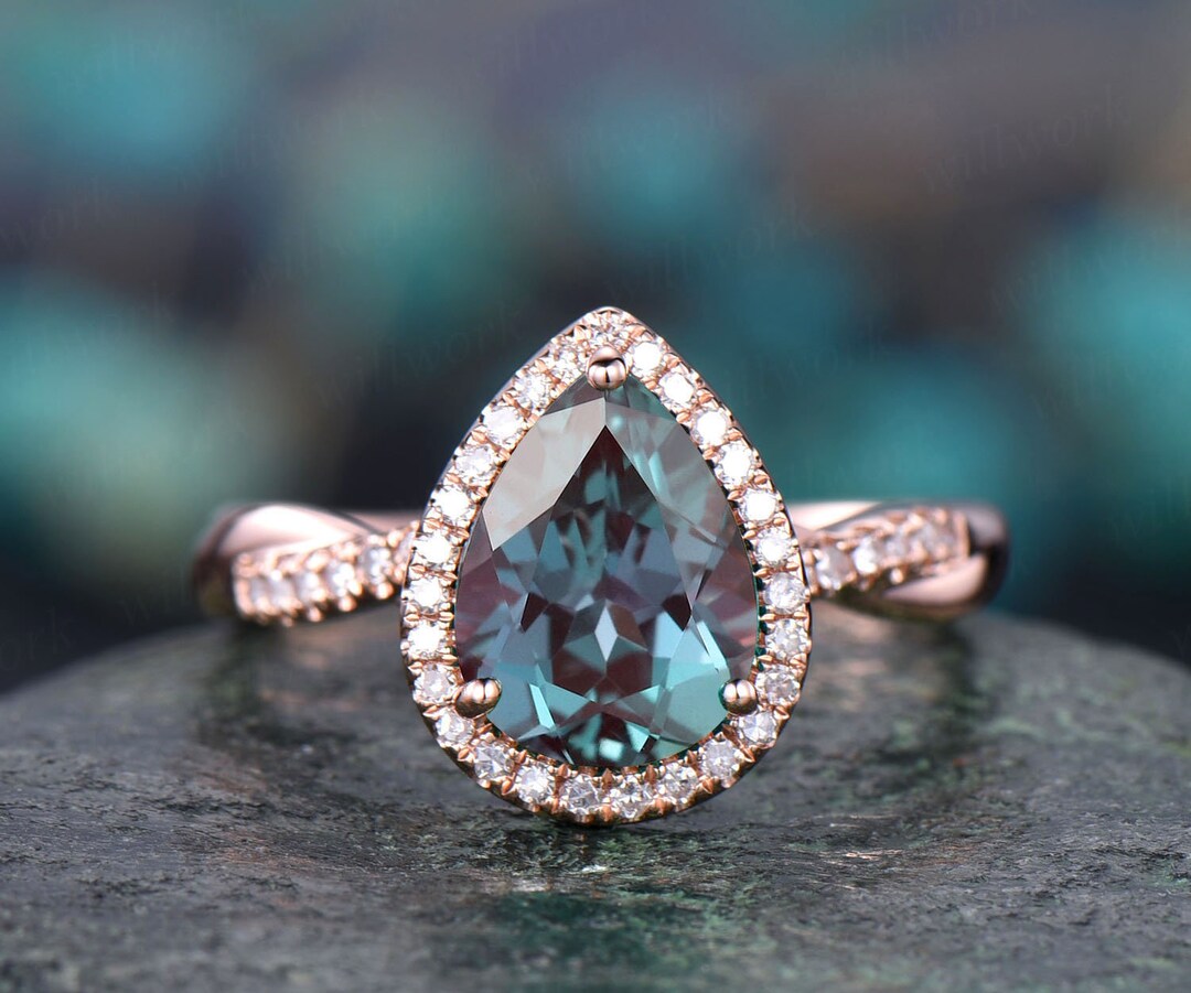 Pear Shaped Alexandrite Engagement Ring 14k Rose Gold Diamond Halo Ring ...