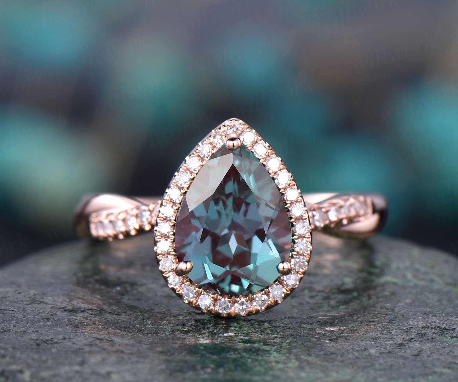 Pear Shaped Alexandrite Engagement Ring 14k Rose Gold Diamond Halo Ring ...