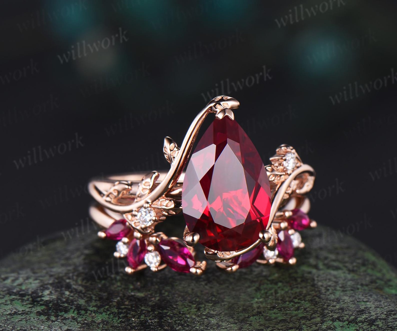 Pear Red Ruby Engagement Ring Set Rose Gold Big Ruby Ring Vintage Open ...
