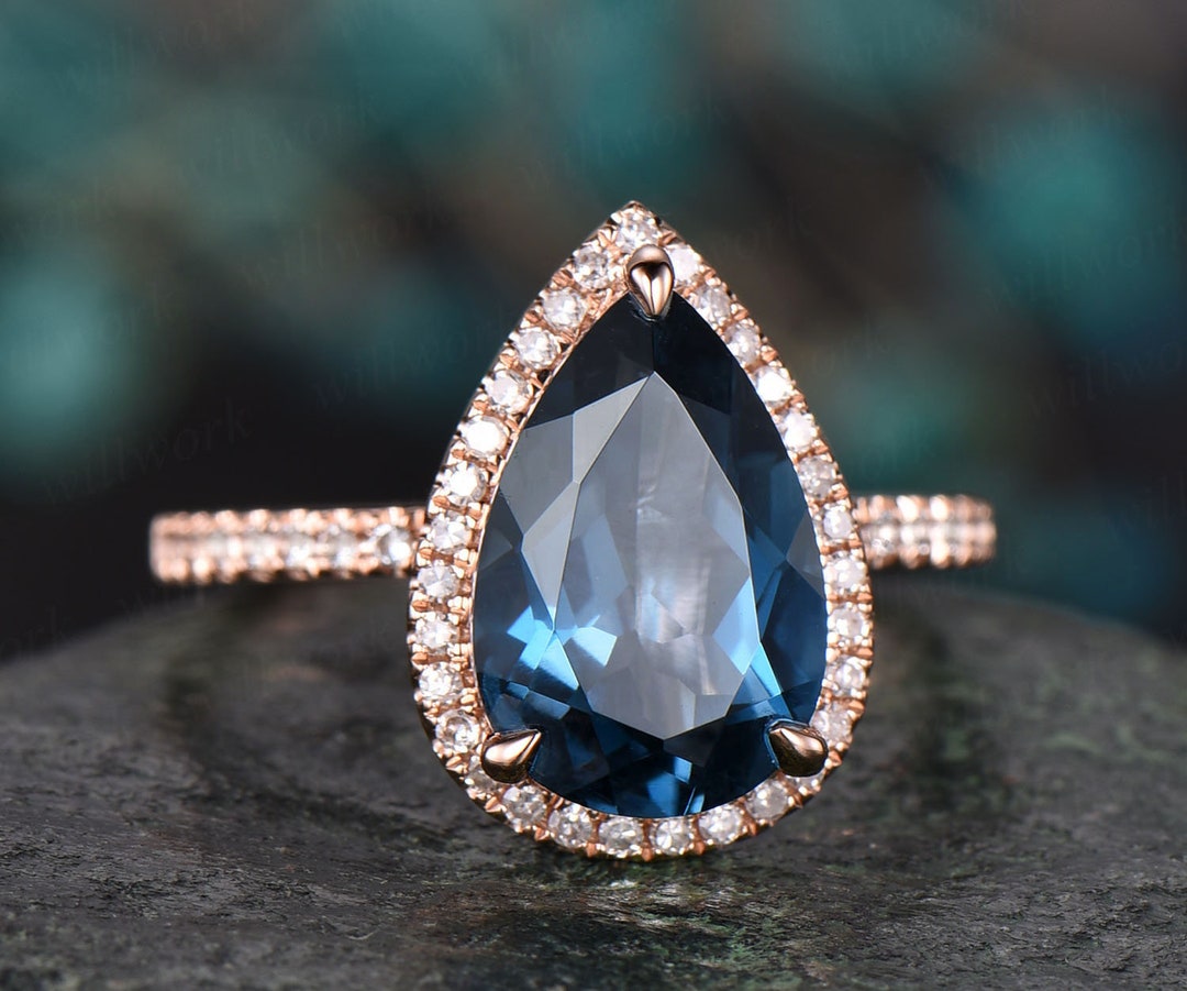 8x12mm London Blue Topaz Engagement Ring Rose Gold Diamond Halo Ring ...