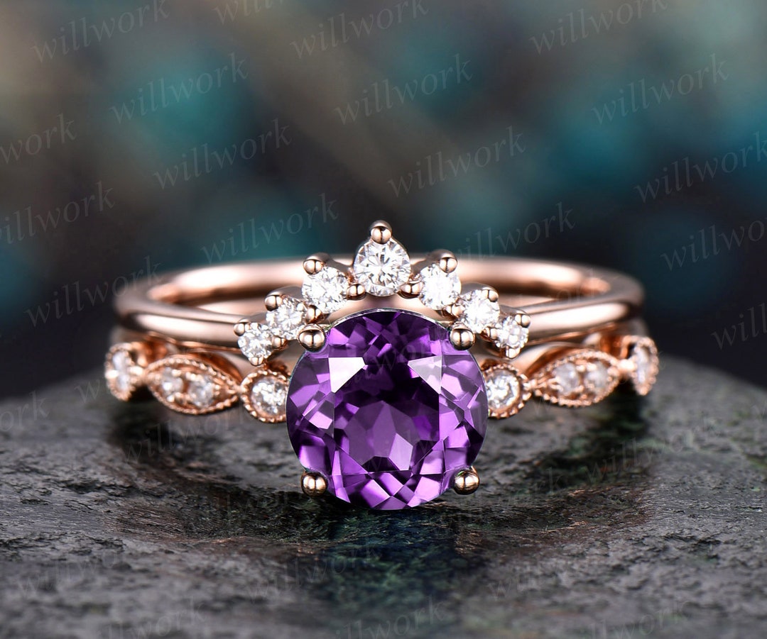 Amethyst Engagement Ring Set Rose Gold Amethyst Ring Vintage Marquise ...