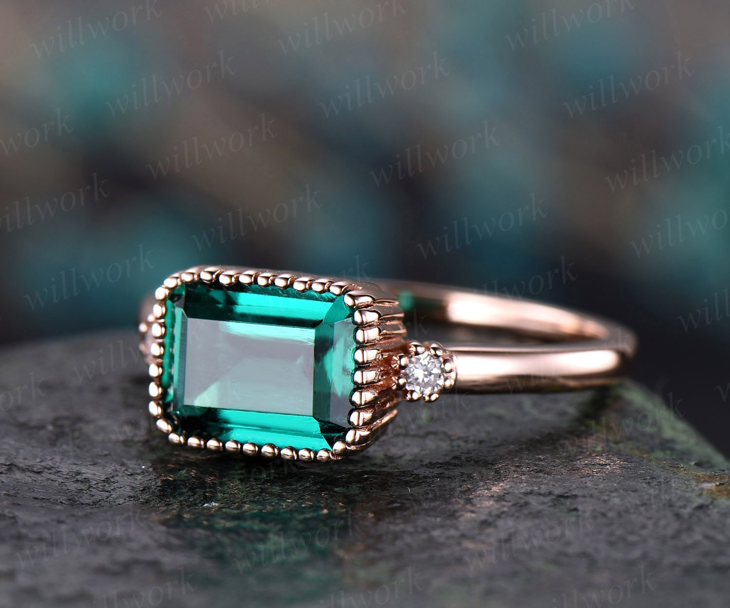 Rose Gold Ring Green Emerald Ring Vintage Three Stone Ring | Etsy