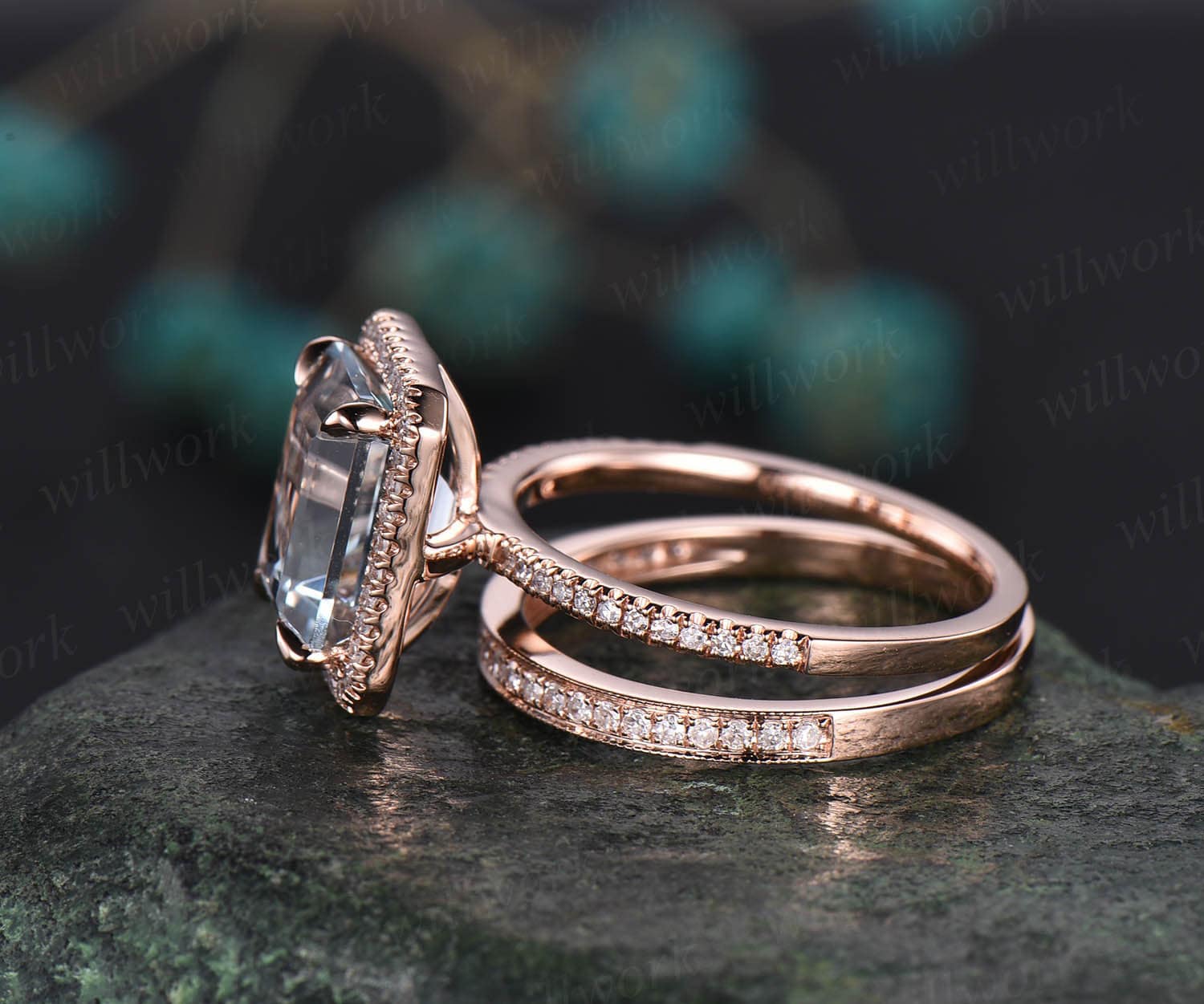 Aquamarine Rose Gold Ring Set 8x10mm Emerald Cut Aquamarine | Etsy