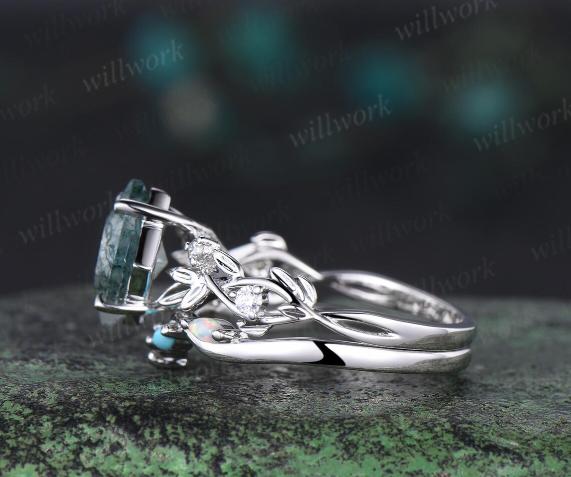 Princess Cut Moss Agate Engagement Ring Set Twig Leaf Diamond Turquoise ...