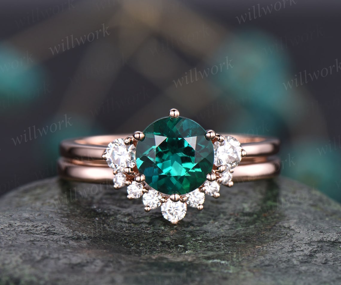 2pcs Round Emerald Engagement Ring Set Emerald Rings for Women - Etsy ...