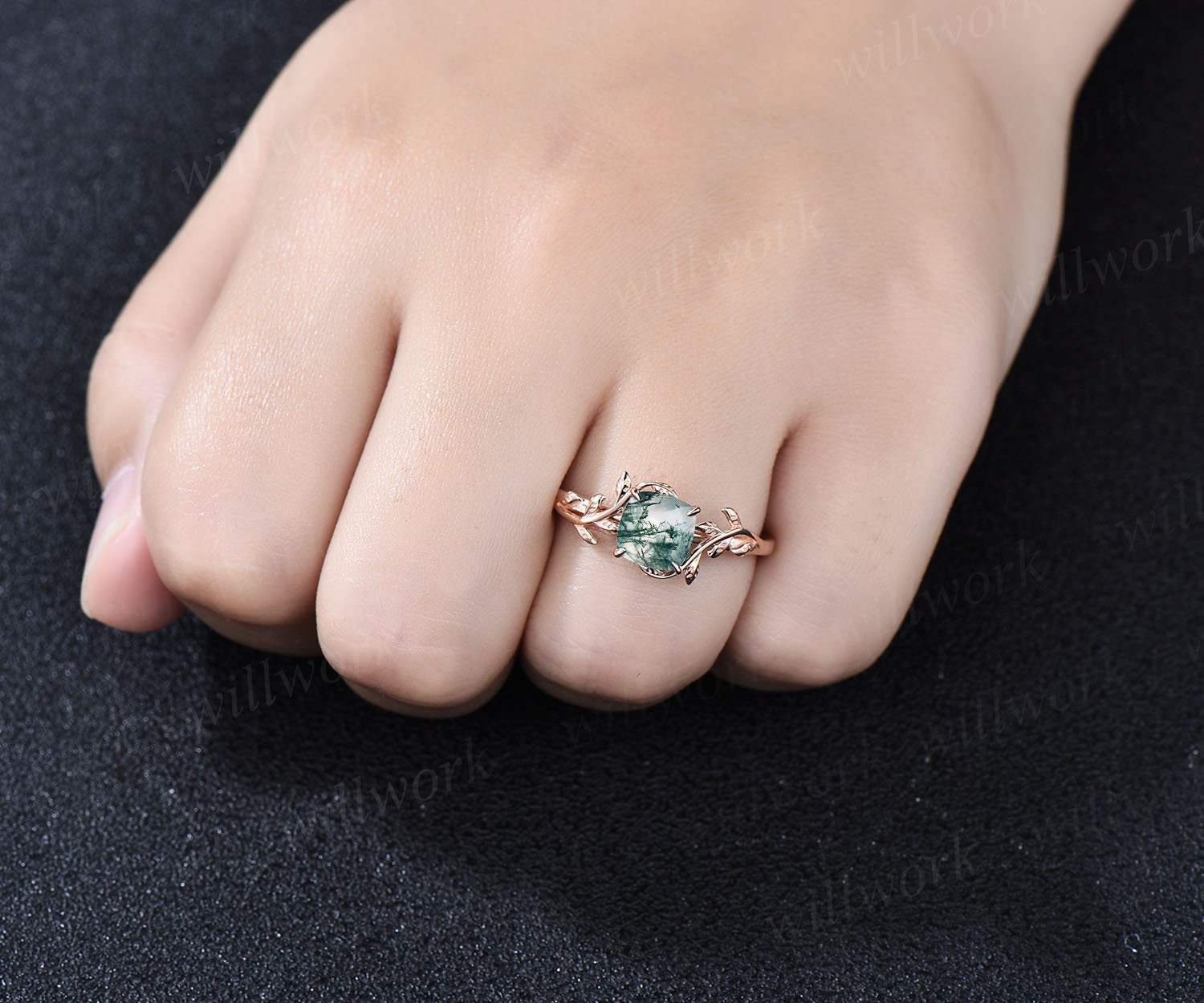 Cushion Cut Green Moss Agate Ring Vintage Unique Nature Inspired ...