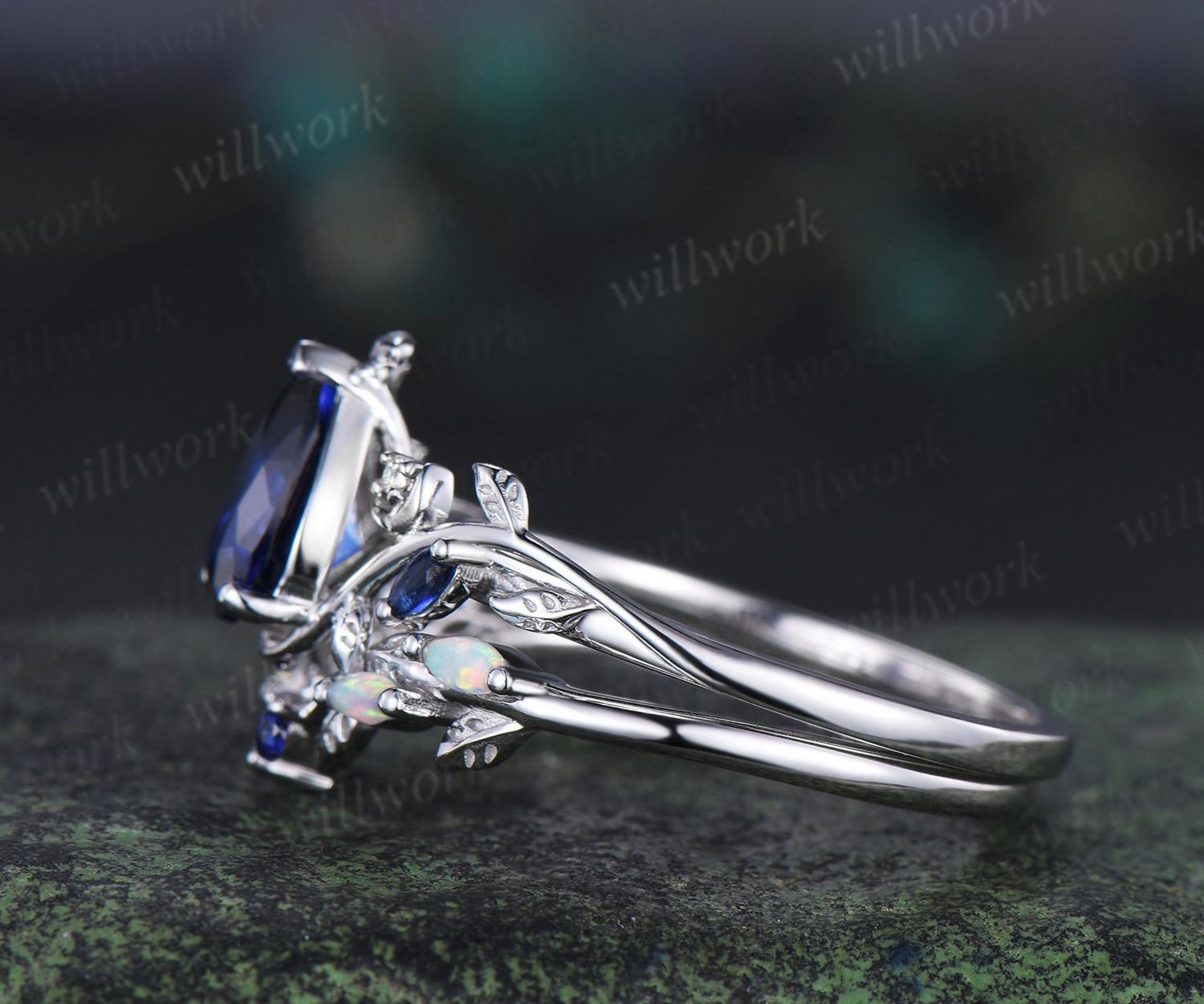 Teardrop Pear Cut Blue Sapphire Ring Vintage White Gold Leaf Moon ...