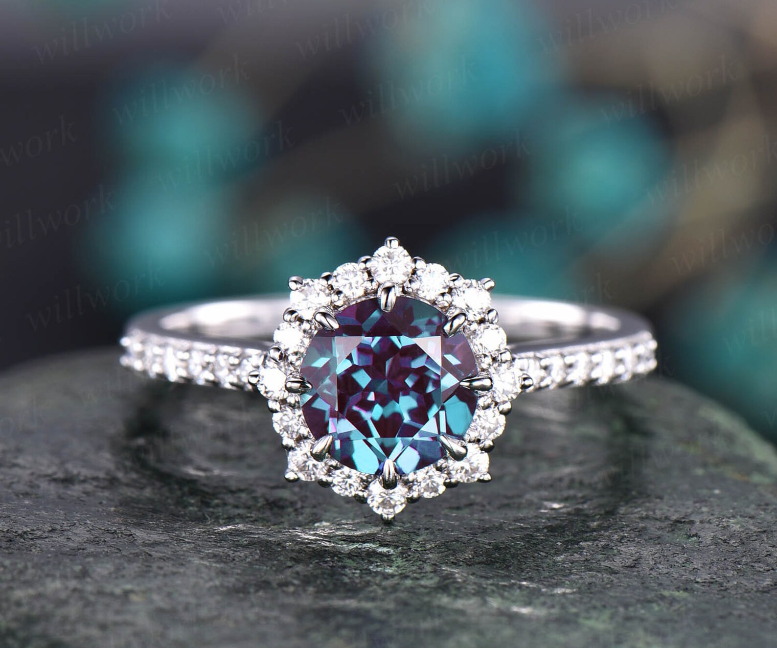 Round Alexandrite Engagement Ring Set Rose Gold Moissanite - Etsy