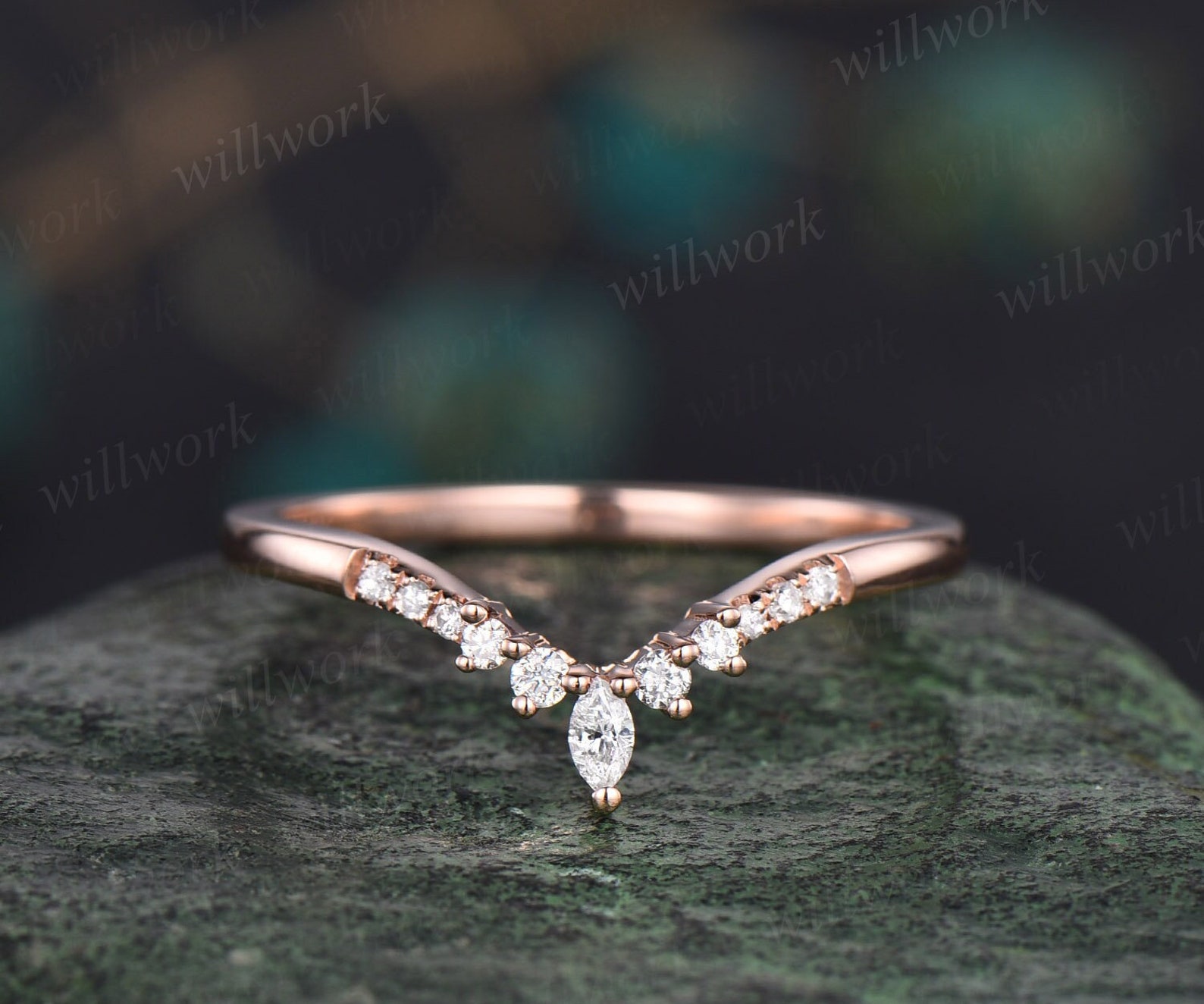 Vintage Curved V Shaped Diamond Wedding Band 14k 18k Rose Gold - Etsy