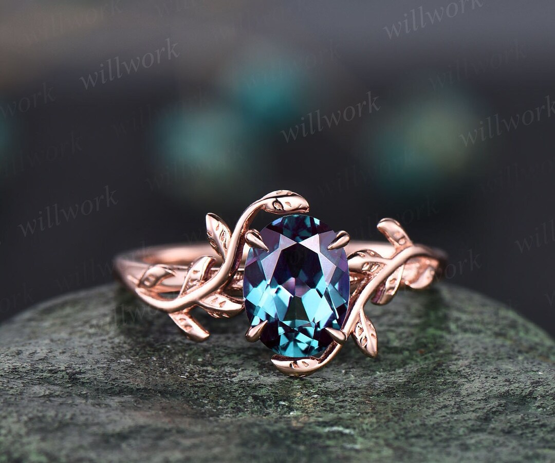 Vintage Alexandrite Engagement Ring Leaf Flower 14k Rose Gold Ring Oval ...