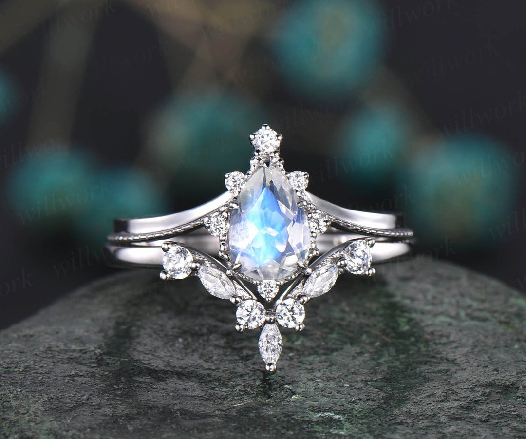 2pcs Pear Moonstone Ring Gold Vintage Moonstone Engagement Ring Set ...