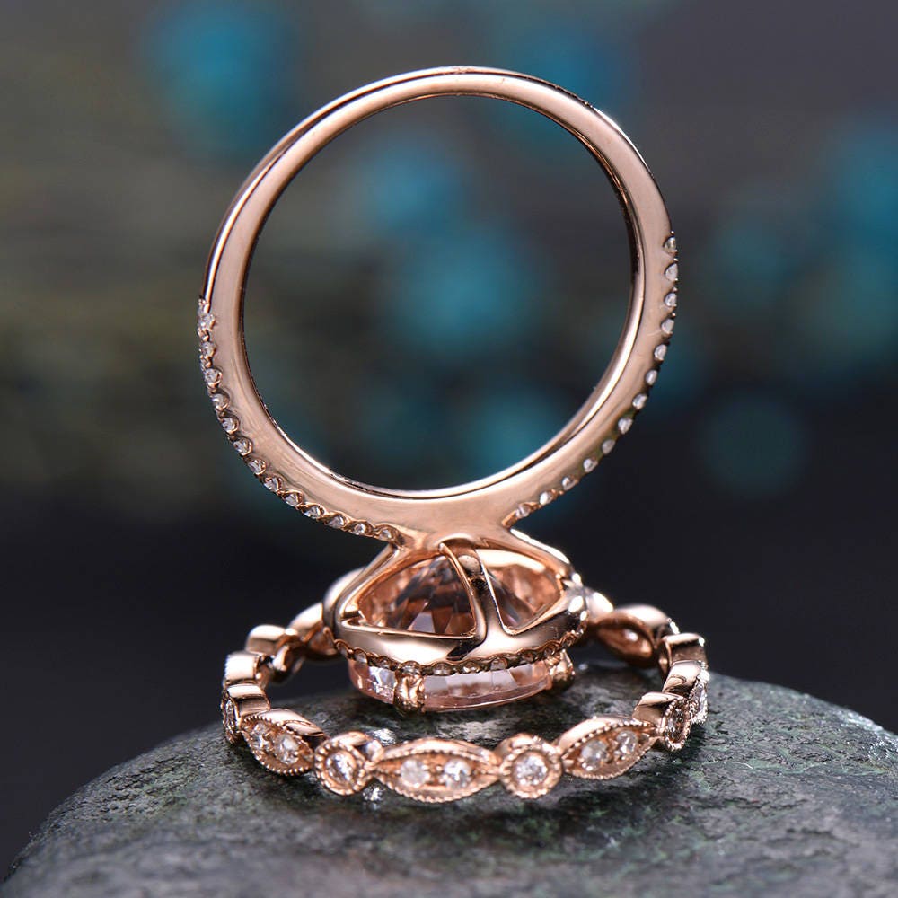 Vintage Unique Round Cut Morganite Engagement Ring Set Solid - Etsy