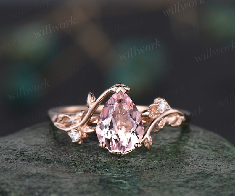 Pear Shaped Natural Pink Morganite Ring Rose Gold Leaf Nature Inspired ...