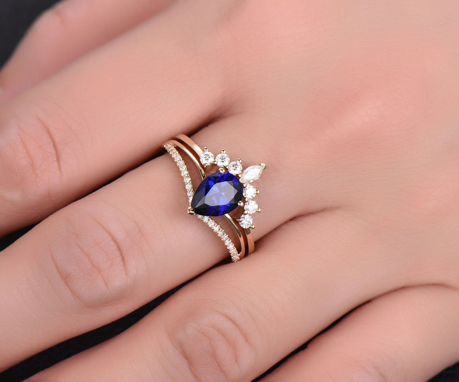 6x8mm 2pc Sapphire Bridal Set Sapphire Engagement Ring Set | Etsy