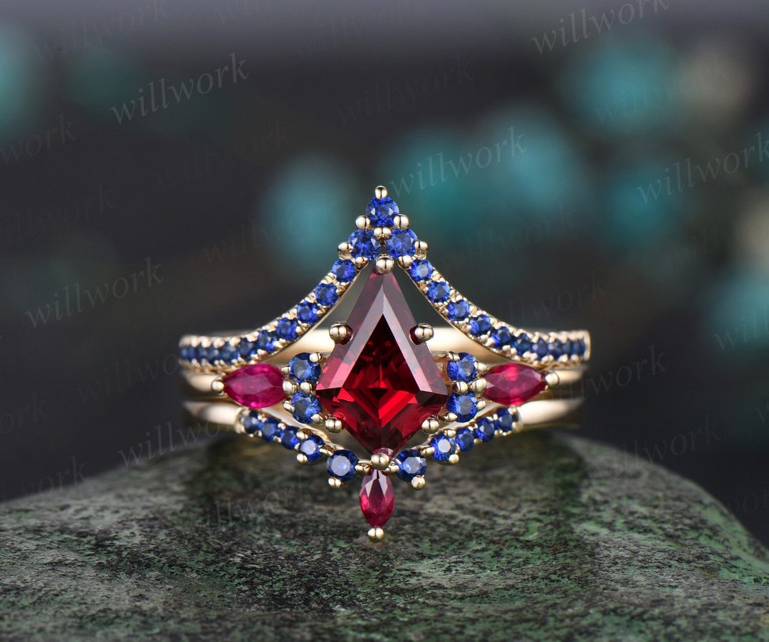 Kite Cut Red Ruby Engagement Ring Solid 14k Yellow Gold 6 Prong Blue ...