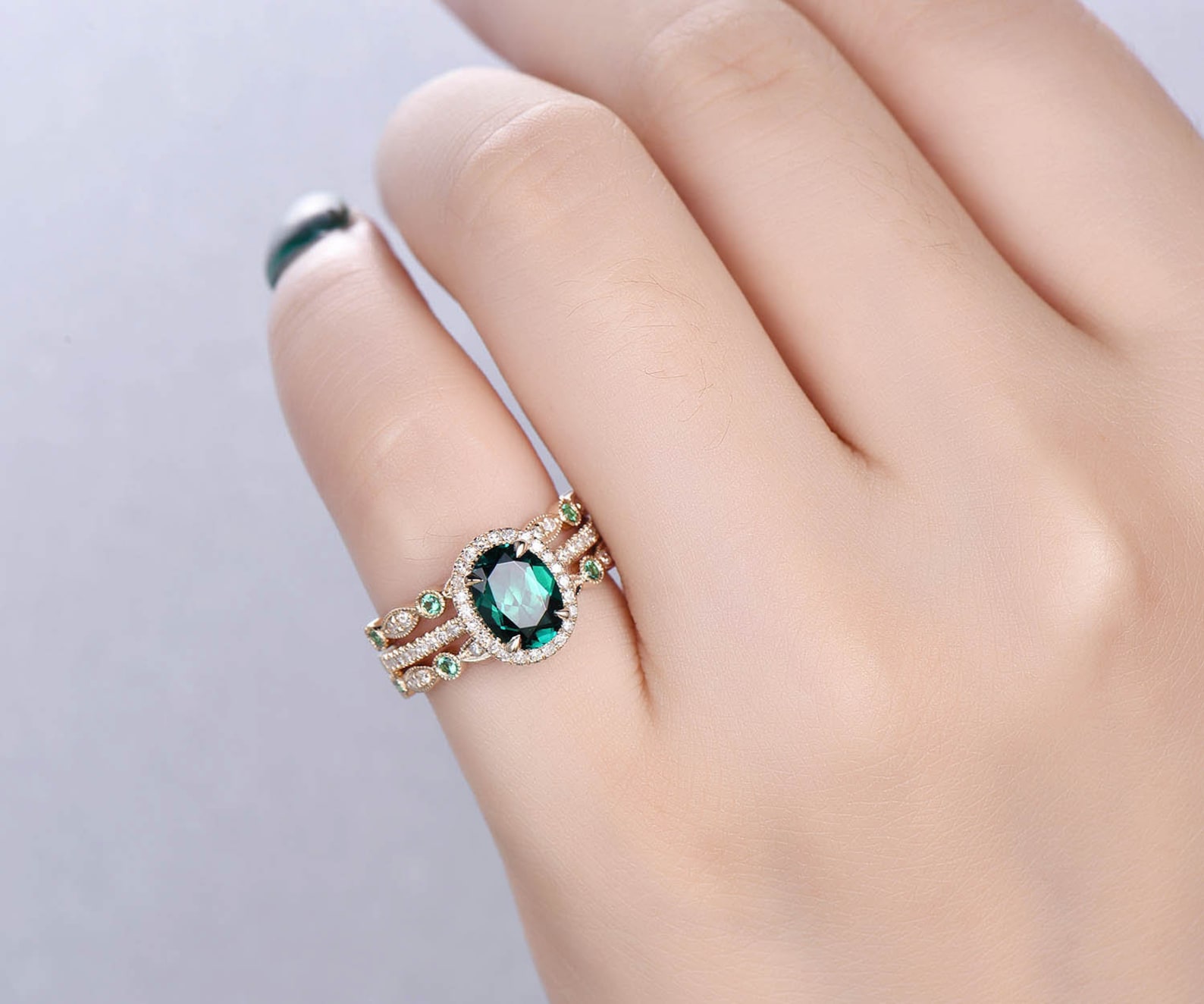 Emerald Ring Vintage Unique Oval Emerald Engagement Ring Set - Etsy