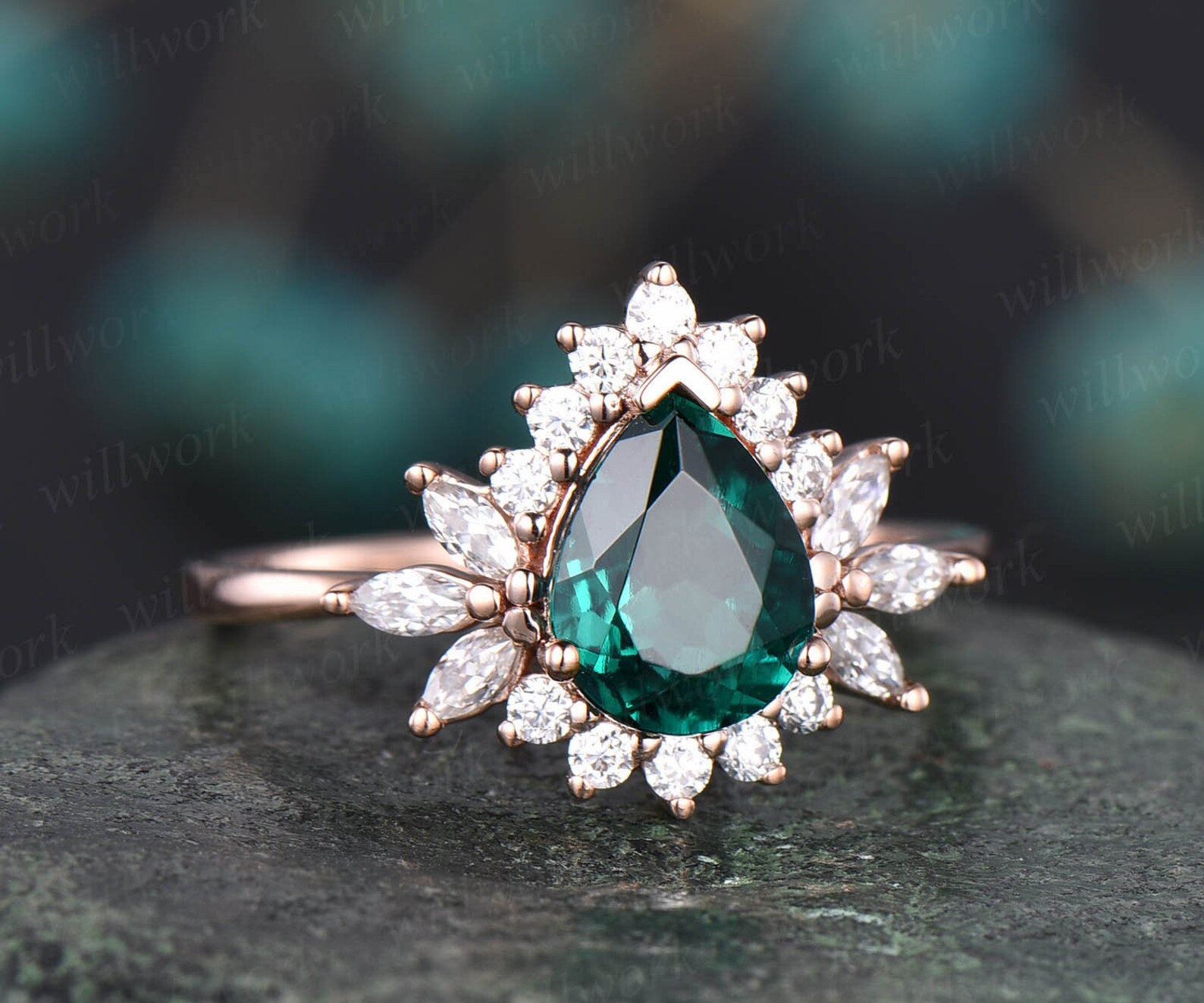 6x8mm Pear Cut Emerald Ring Vintage Unique Emerald Engagement - Etsy