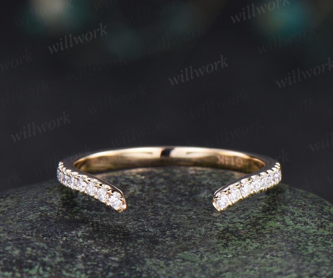 Curved Open Gap Diamond Wedding Band Solid 14k Yellow Gold Half ...