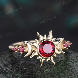 Vintage Round Cut Red Ruby Sun Engagement Ring Bezel Halo Solid 14k ...