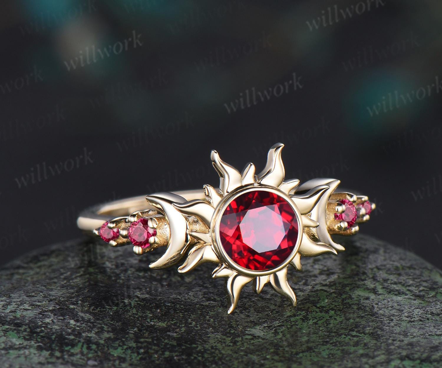 Vintage Round Cut Red Ruby Sun Engagement Ring Bezel Halo Solid 14k ...