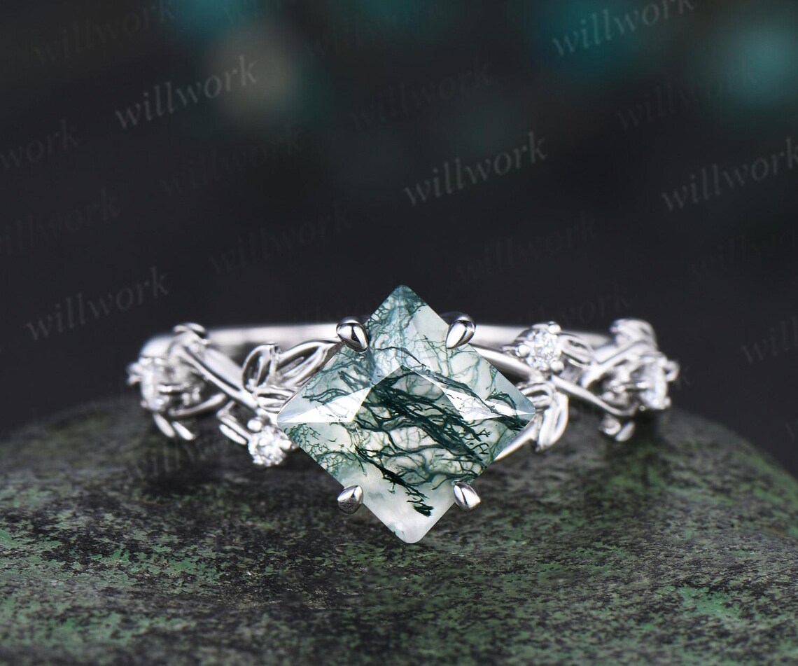 Princess Cut Moss Agate Engagement Ring Set Twig Leaf Diamond Turquoise ...